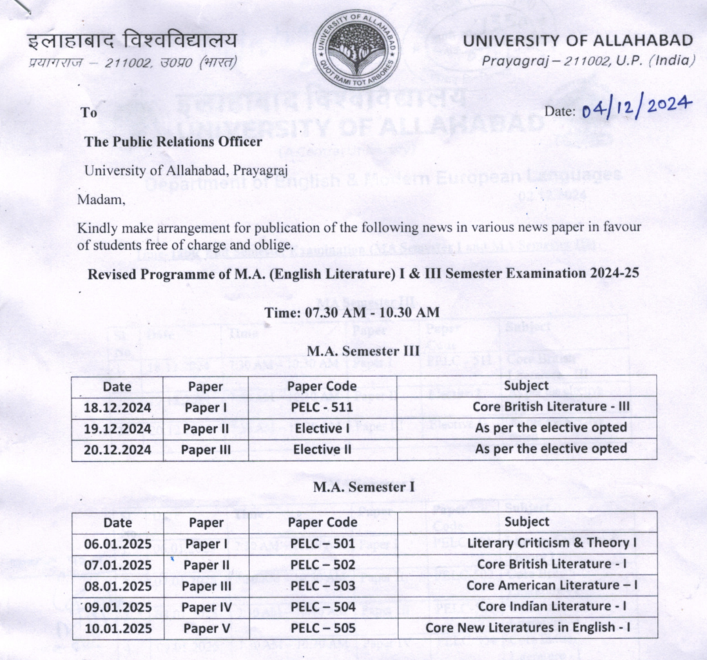 Allahabad University Time Table 2025 BA BSc BCom Date Sheet 1st 2nd 3rd Year
